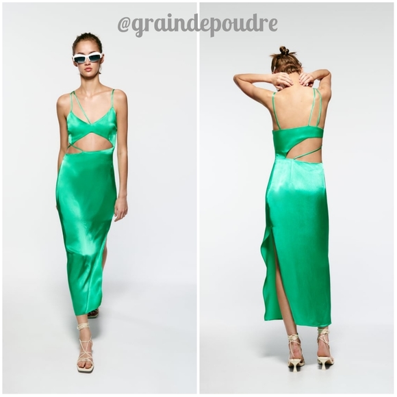 Zara | Dresses | Rare Zara Kelly Green Satin Effect Cut Out ...